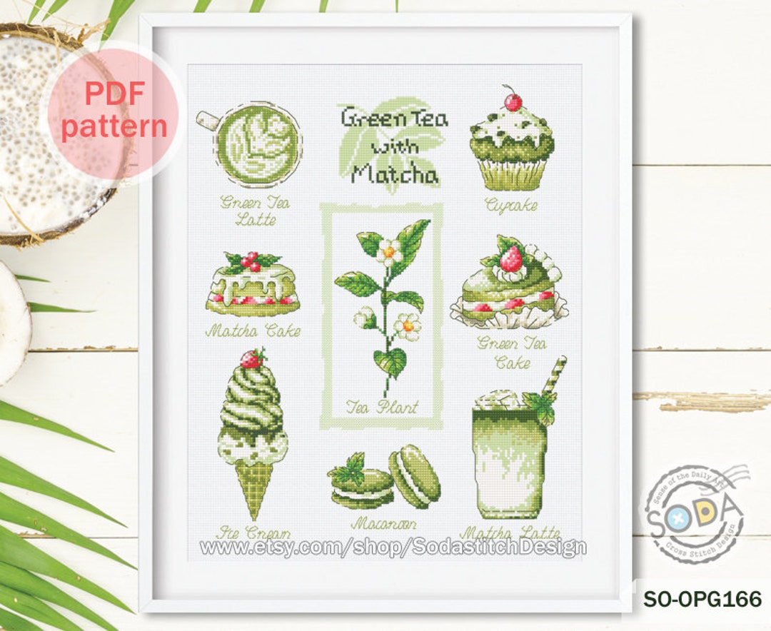 Green Tea Cross Stitch Pattern,tea Plant Matcha Latte Ice Cream Cup ...