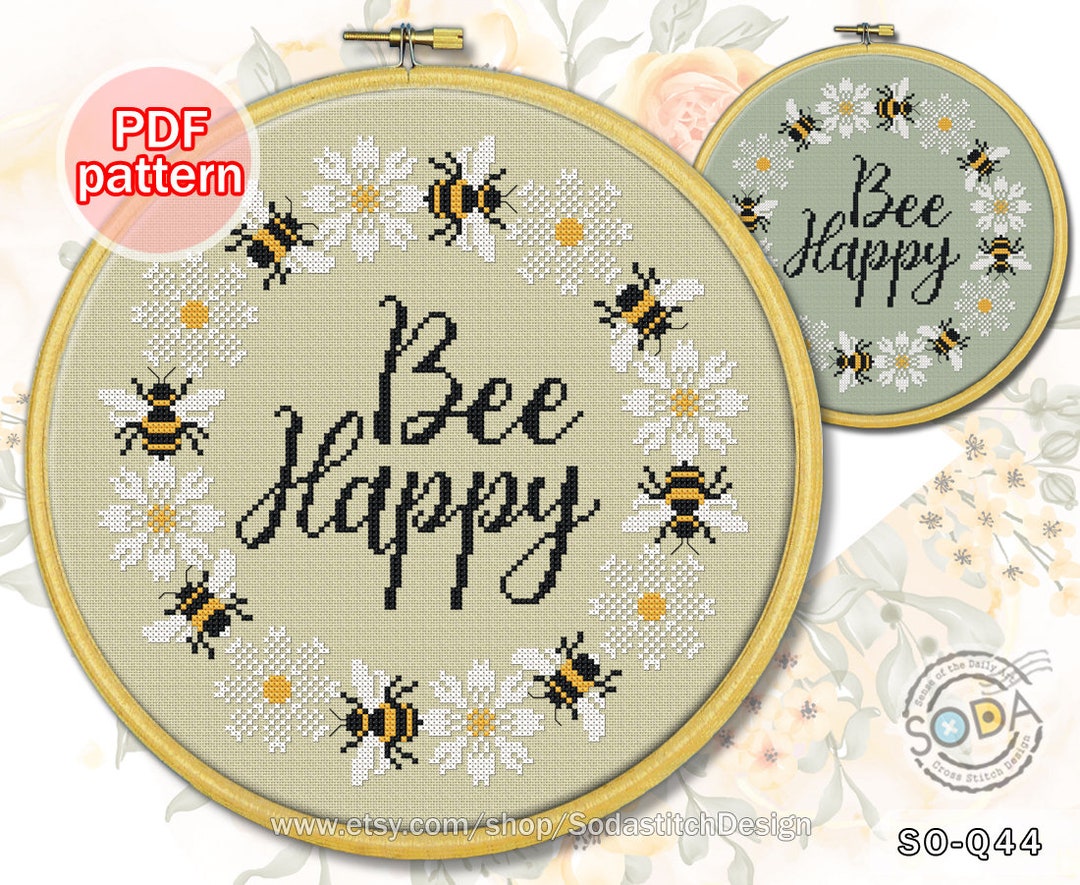 Cross Stitch Pattern Pdf 'bee Happy' Honey Bee Good Text Quotes Wreath ...