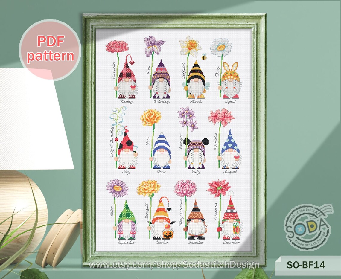 Birth Month Flower Cross Stitch Pattern Pdf 12 Month Gnome - Etsy