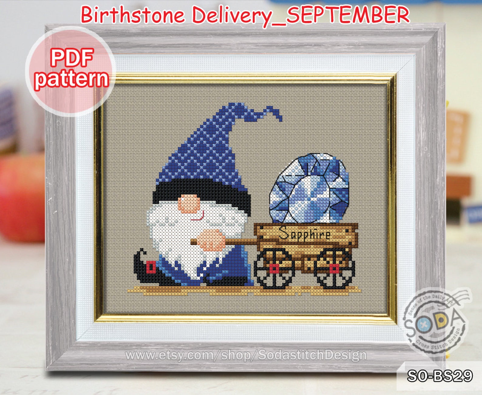 SEPTEMBER Birthstone Delivery Gnome Sapphire Cross Stitch Pattern Pdf Fairy Elf Pixie Sprite ,SO ...