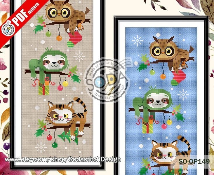 Chrstmas Owl Sloth Cat Animal Cross Stitch Patterncute Modern - Etsy
