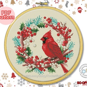 Cross Stitch Pattern Pdf Cardinal Bird Christmas Wreath Winter Animal ...