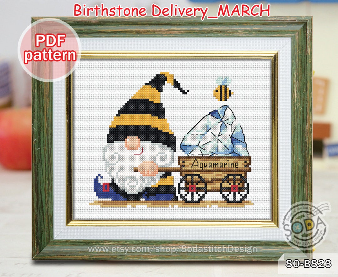 MARCH Birthstone Delivery Gnome Aquamarine Cross Stitch Pattern Pdf Fairy Elf Pixie Sprite ...