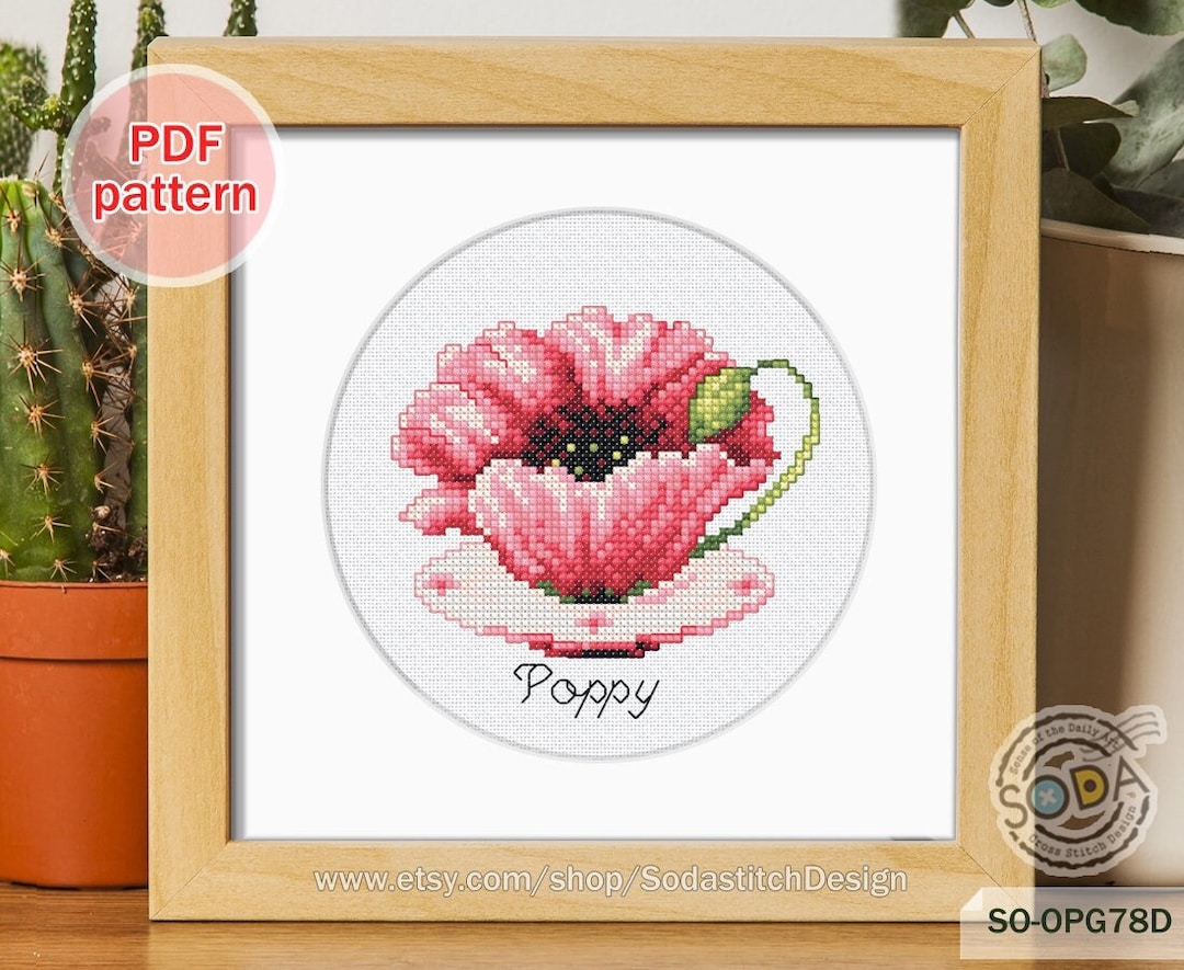 Poppy Teacup Cross Stitch Pattern,flower Modern Instant Pdf Download ...