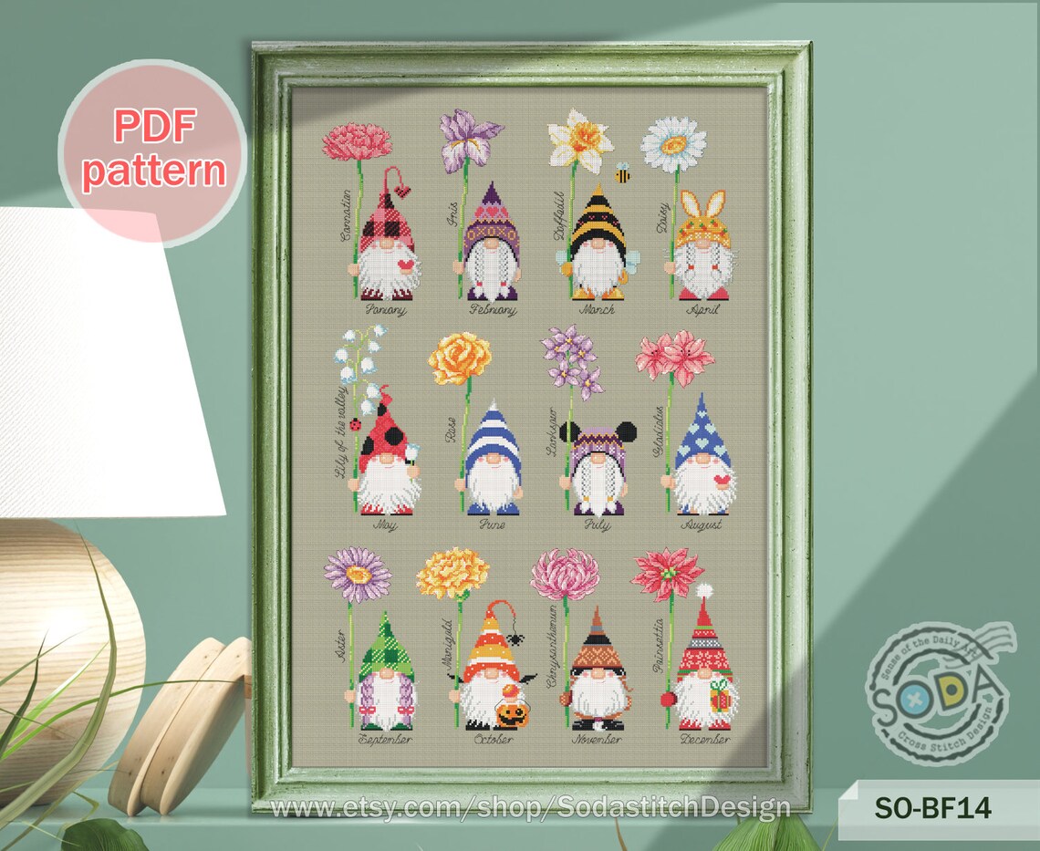 Birth Month Flower Cross Stitch Pattern Pdf 12 Month Gnome - Etsy