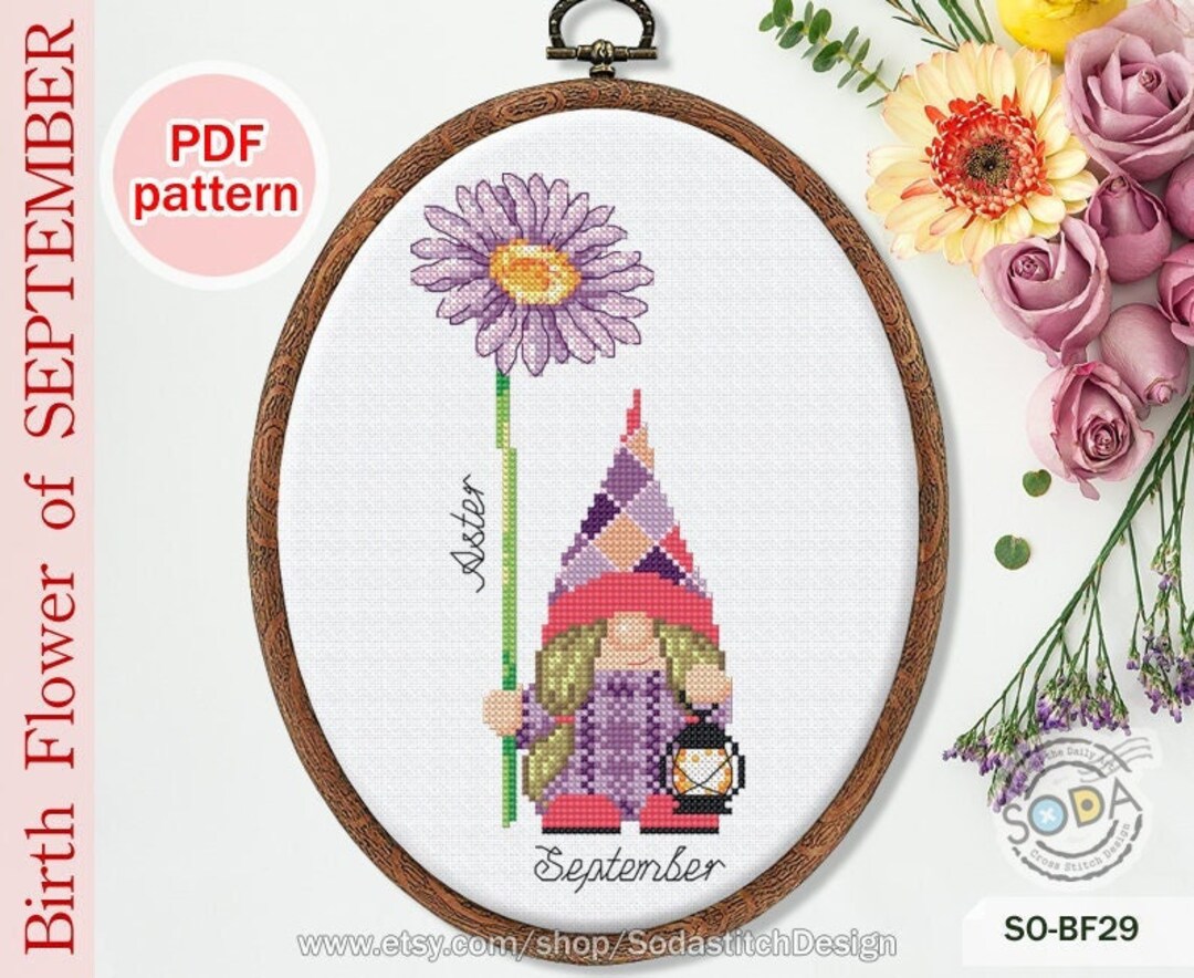 Birth Month Flower Cross Stitch Pattern Pdf Aster 12 Month Gnome Girl ...