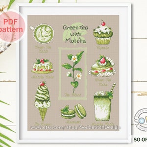 Green Tea Cross Stitch Pattern,tea Plant Matcha Latte Ice Cream Cup ...