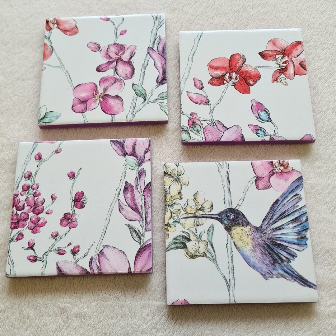 Hummingbird Coasters: Handmade Floral Ceramic Coffee Table Mats (set of ...