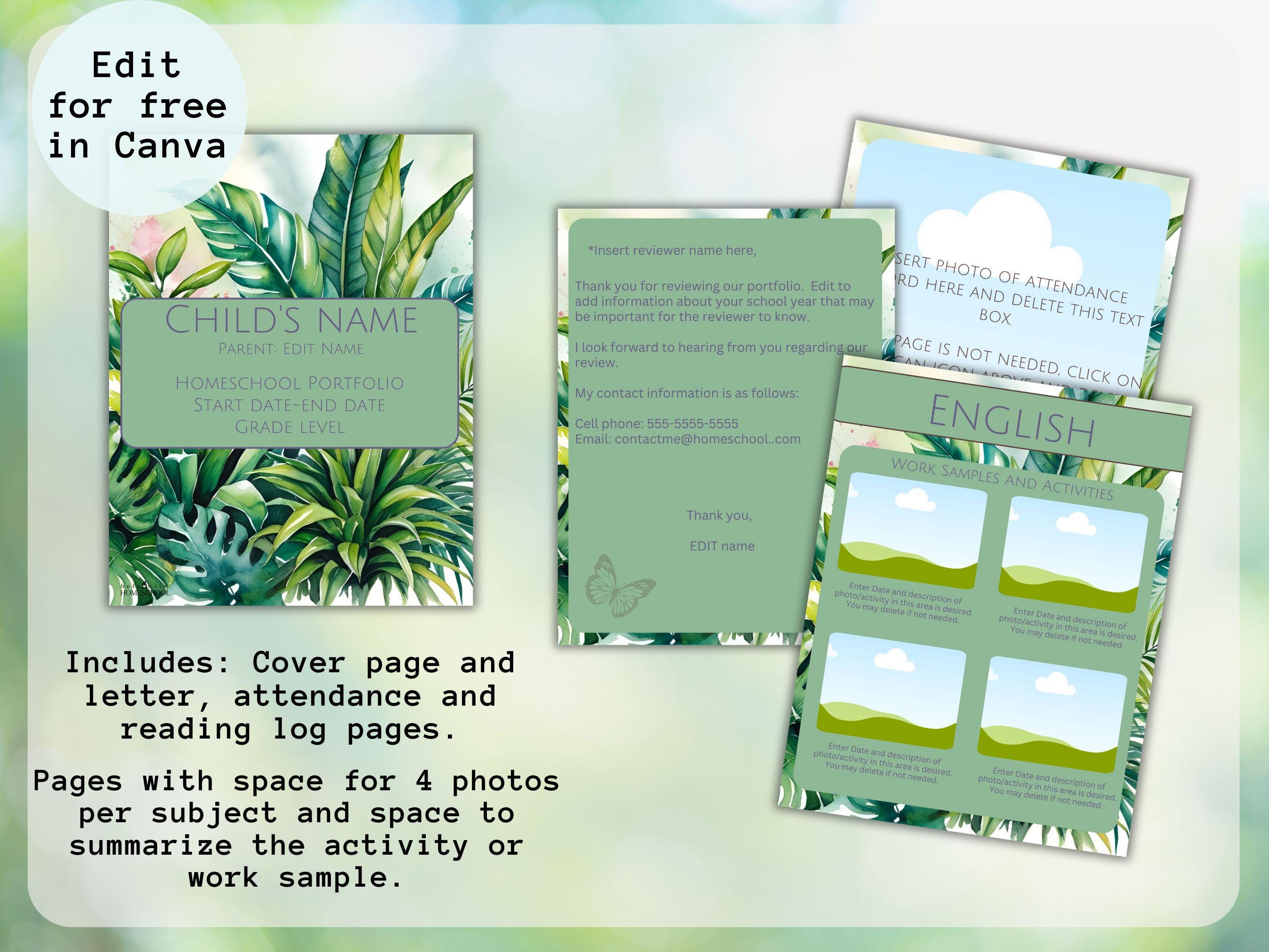 Digital Homeschool Portfolio, Printable Template, Editable Homeschool ...