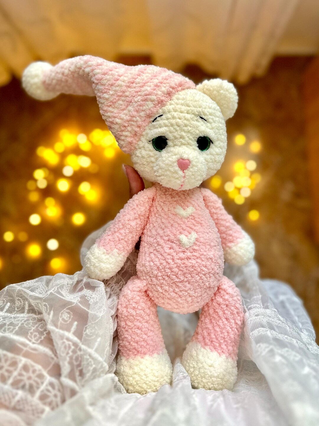 Handmade Bear Toy in Pink Pajamas, Sleepy Bear in Nightcap Amigurumi ...