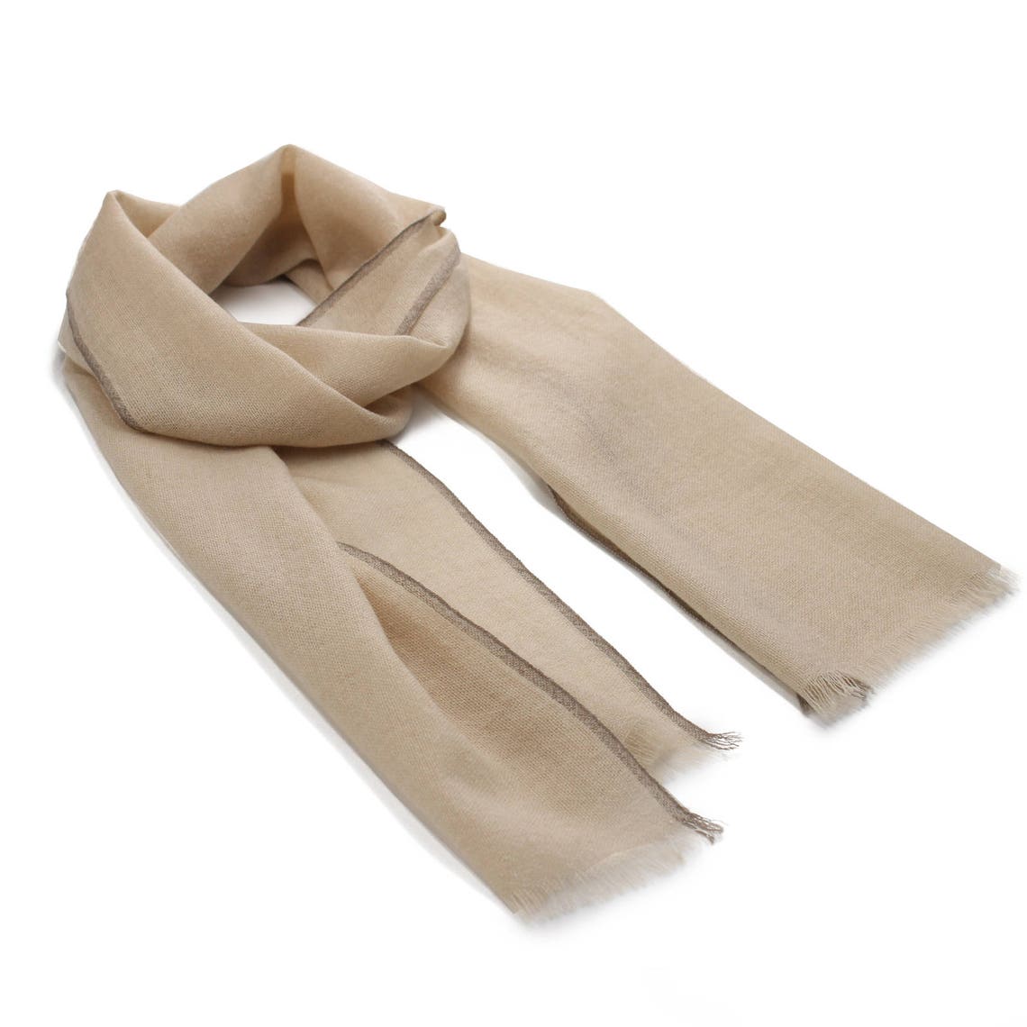 Beige Cashmere Scarf With Brown Border 100% Cashmere Scarf | Etsy