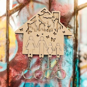 Laser Cut Family Themed Key Holder Board & Keyring -family of Four ...