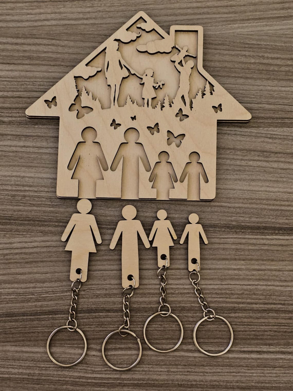 Laser Cut Family Themed Key Holder Board & Keyring -family of Four ...