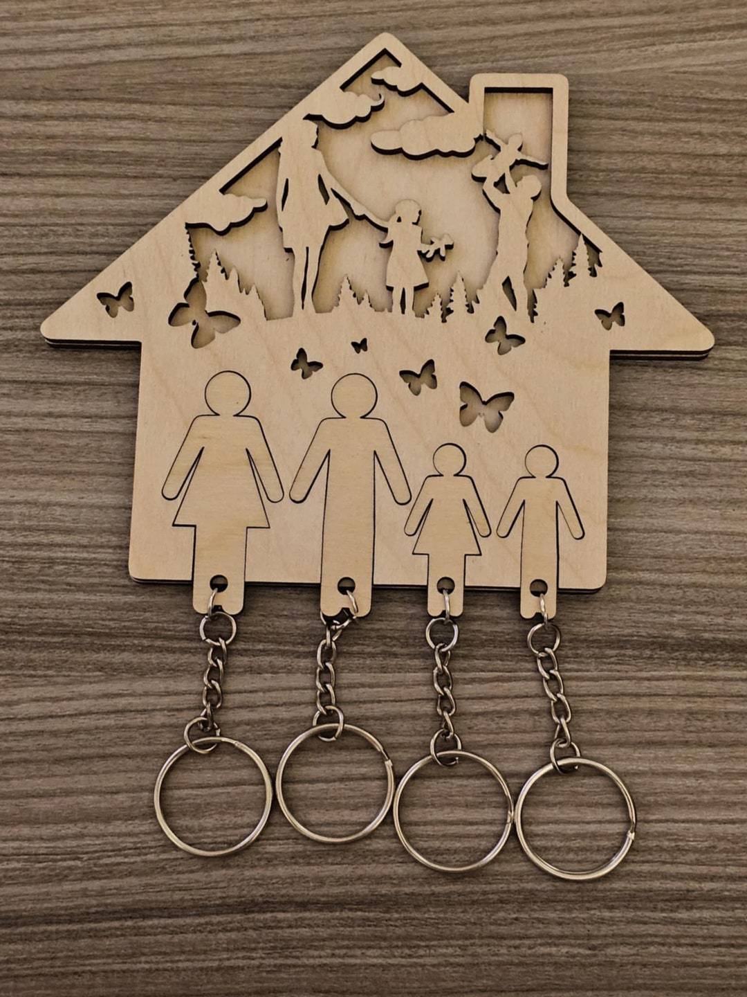 Laser Cut Family Themed Key Holder Board & Keyring -family of Four ...