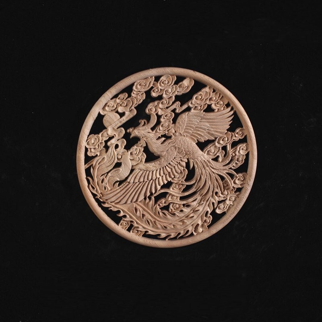 1 Piece Round Phoenix Engraving Wood Embellishments Carving - Etsy