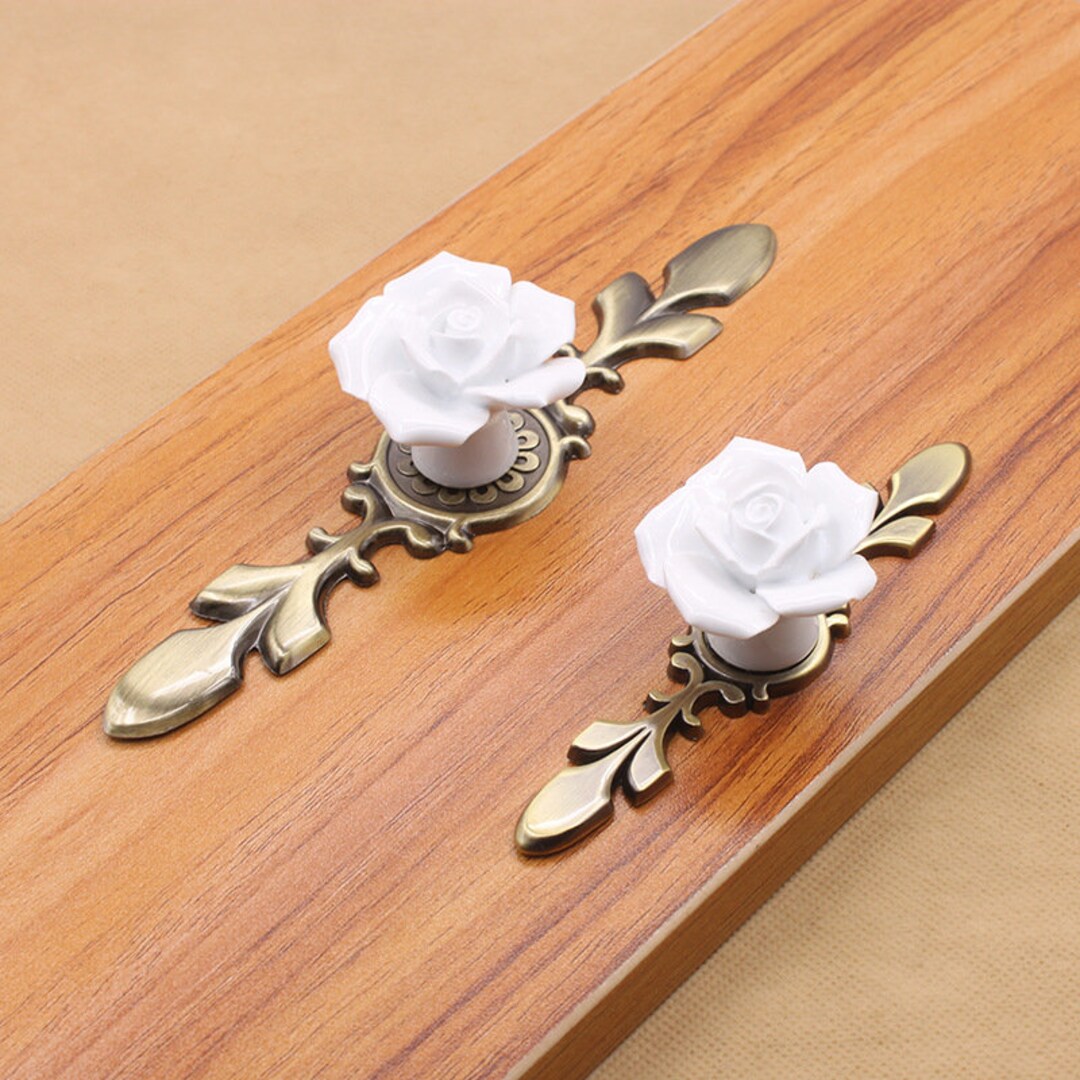 Rose Flower Knob Bronze Backplate Ceramic Drawer Pull Decorative Dresser Drawer Handles WMLS201 ...