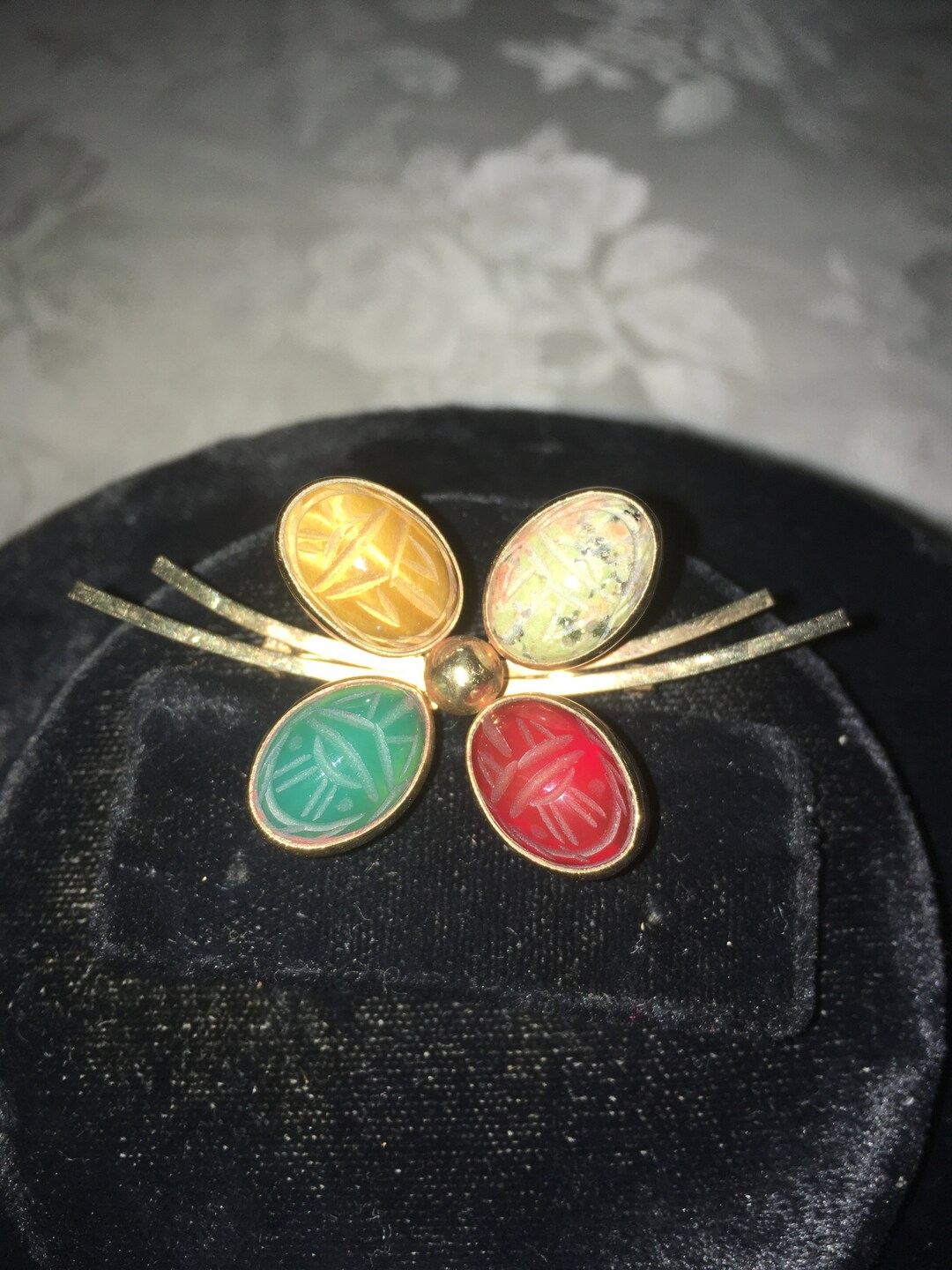 1950's Signed Bal - Ron Scarab Cabochon Real Gemstones Brooch & Earring ...