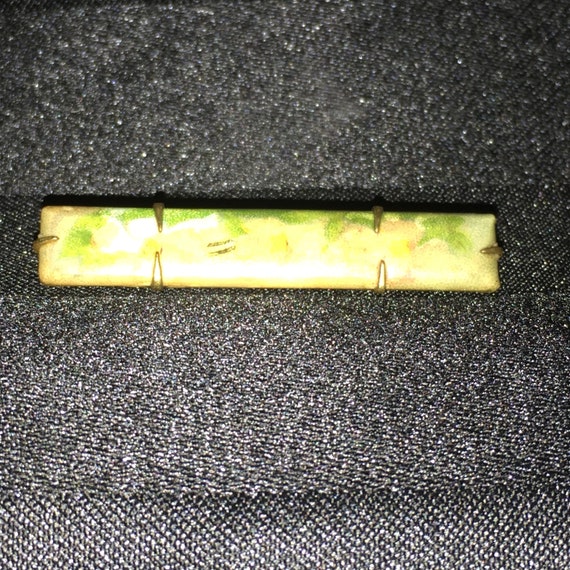 1900's Hand Painted- Pink Flowers - Bar Pin - Gem