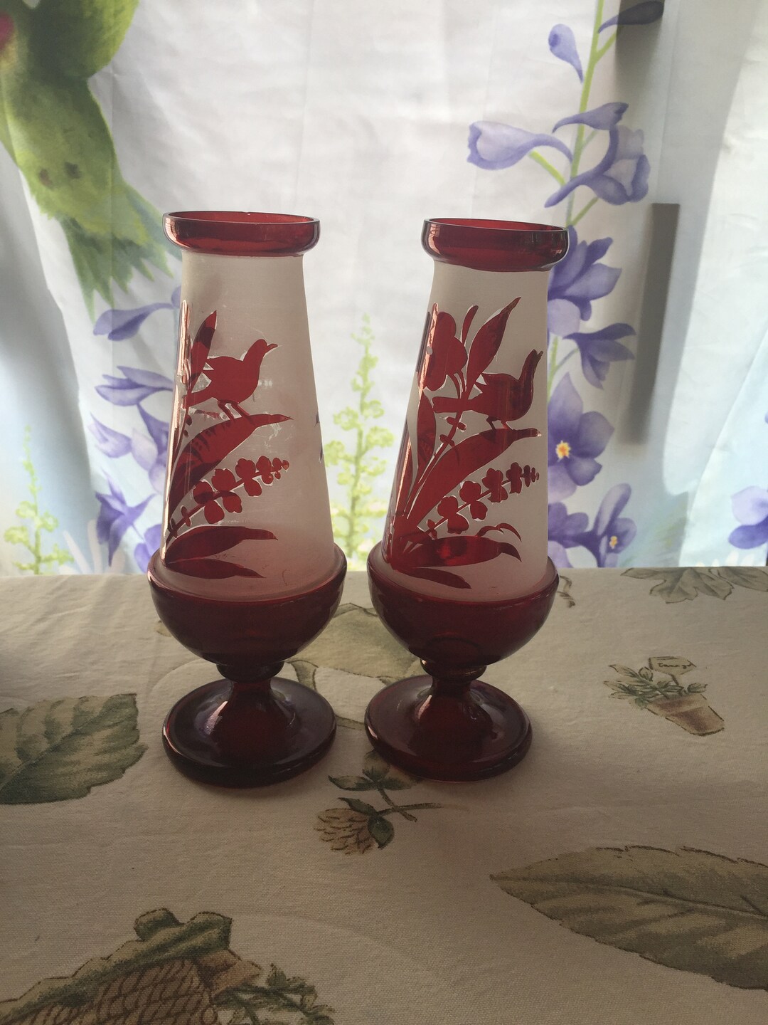 2 Antique Bohemian Ruby Red Cut Glass Vases Birds & Flowers - Etsy