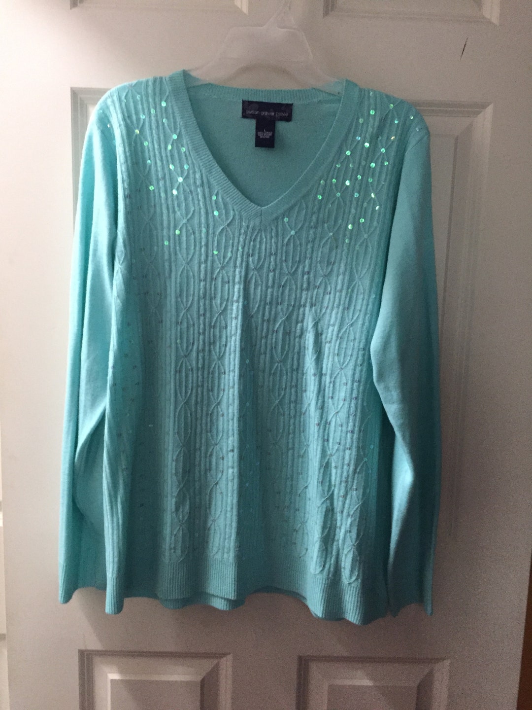 Susan Graver Aqua Sequin Sweater Top Size Large - Etsy