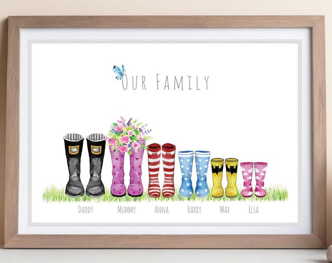 Personalised Family Welly Print, Wellington Boot Picture, New Home ...