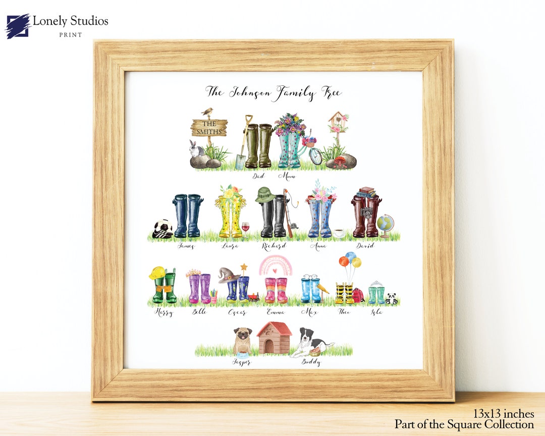 Family Tree Welly Print With Pets - Etsy UK