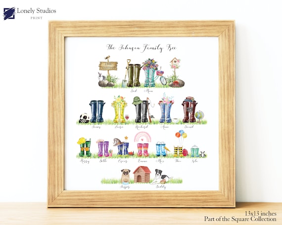 Family Tree Welly Print With Pets - Etsy UK