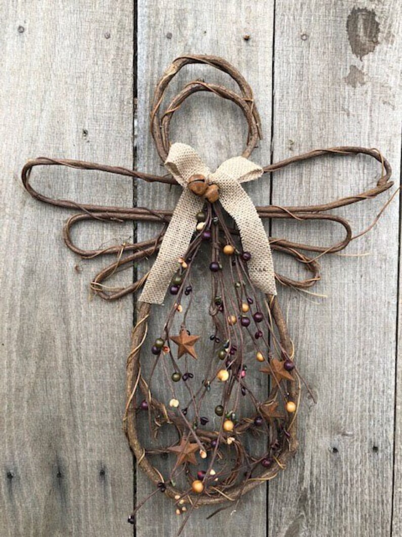 Primitive Grapevine Angel with berries bells and a burlap | Etsy