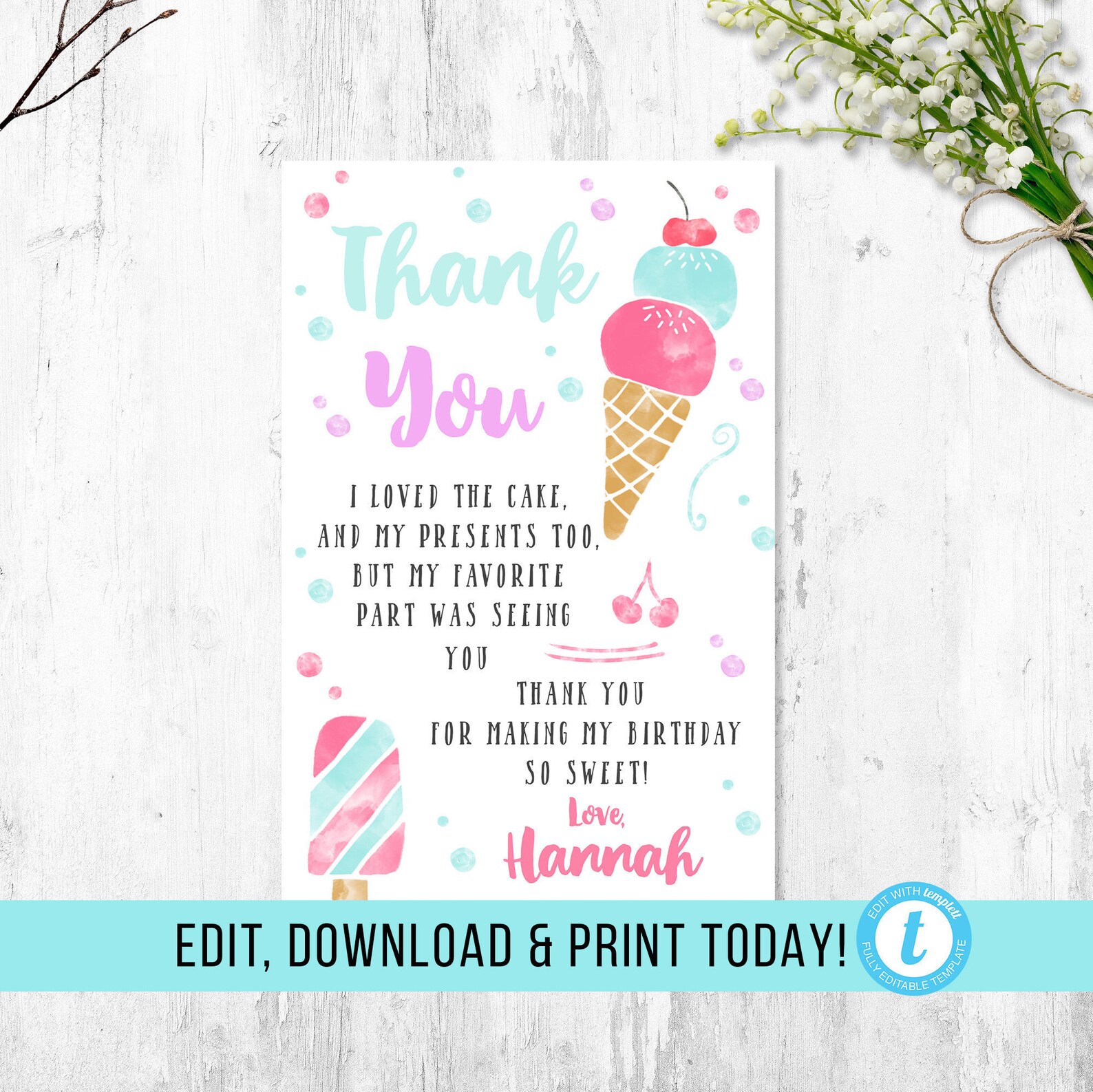 Ice Cream Thank You Card Thank You Card Ice Cream Party Ice | Etsy