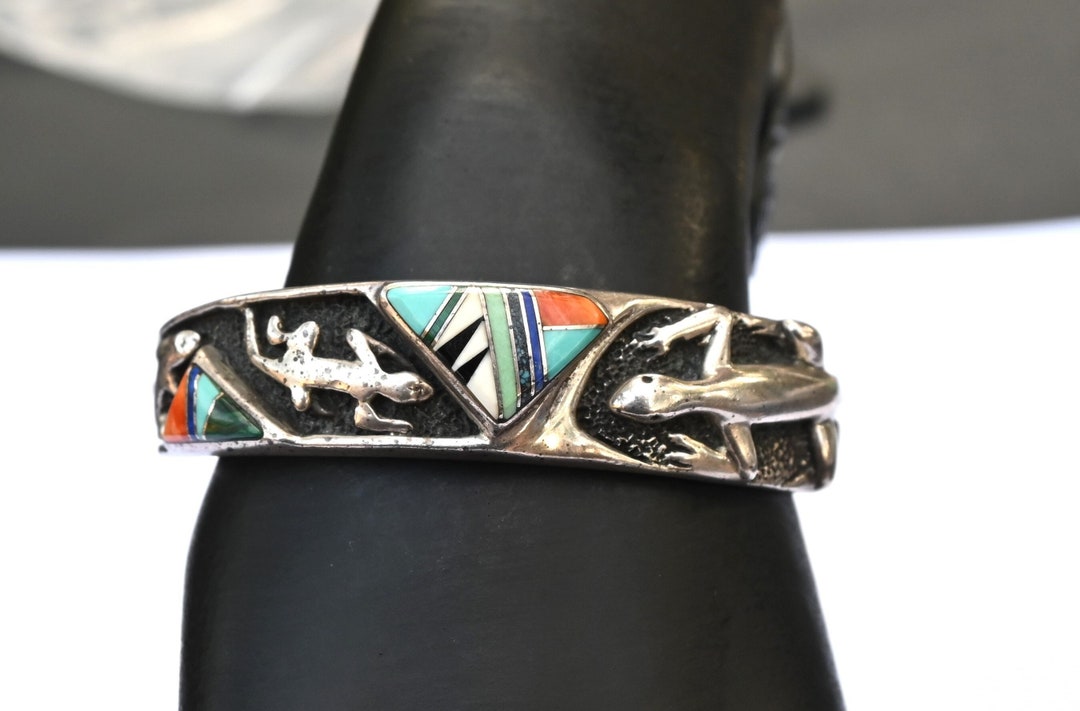 NAVAJO Zora Joe Tufa Cast Sterling Silver Multi Stone Inlay Sun Lizard ...