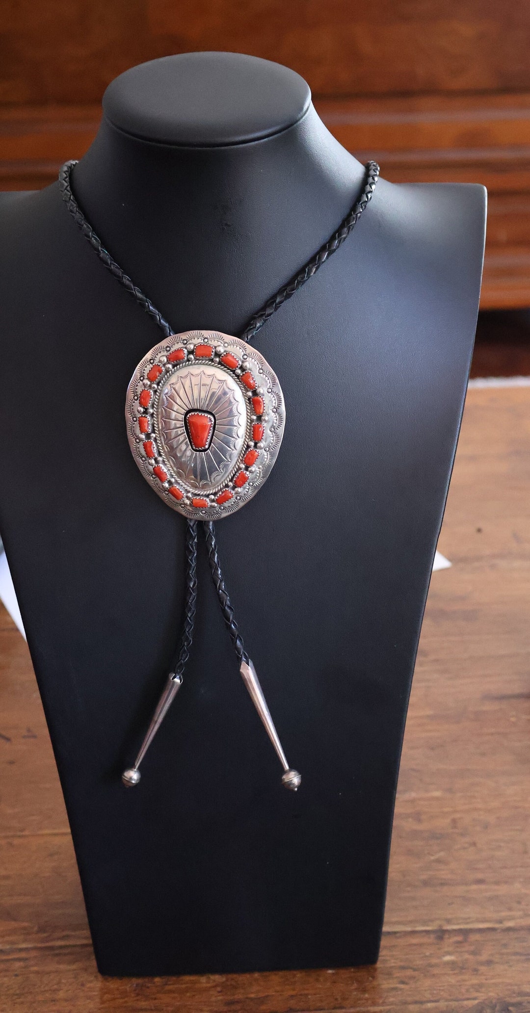 LARGE Signed Navajo Sterling & Red Coral Bolo 3 1/4 X 2 3/4 Inches W ...