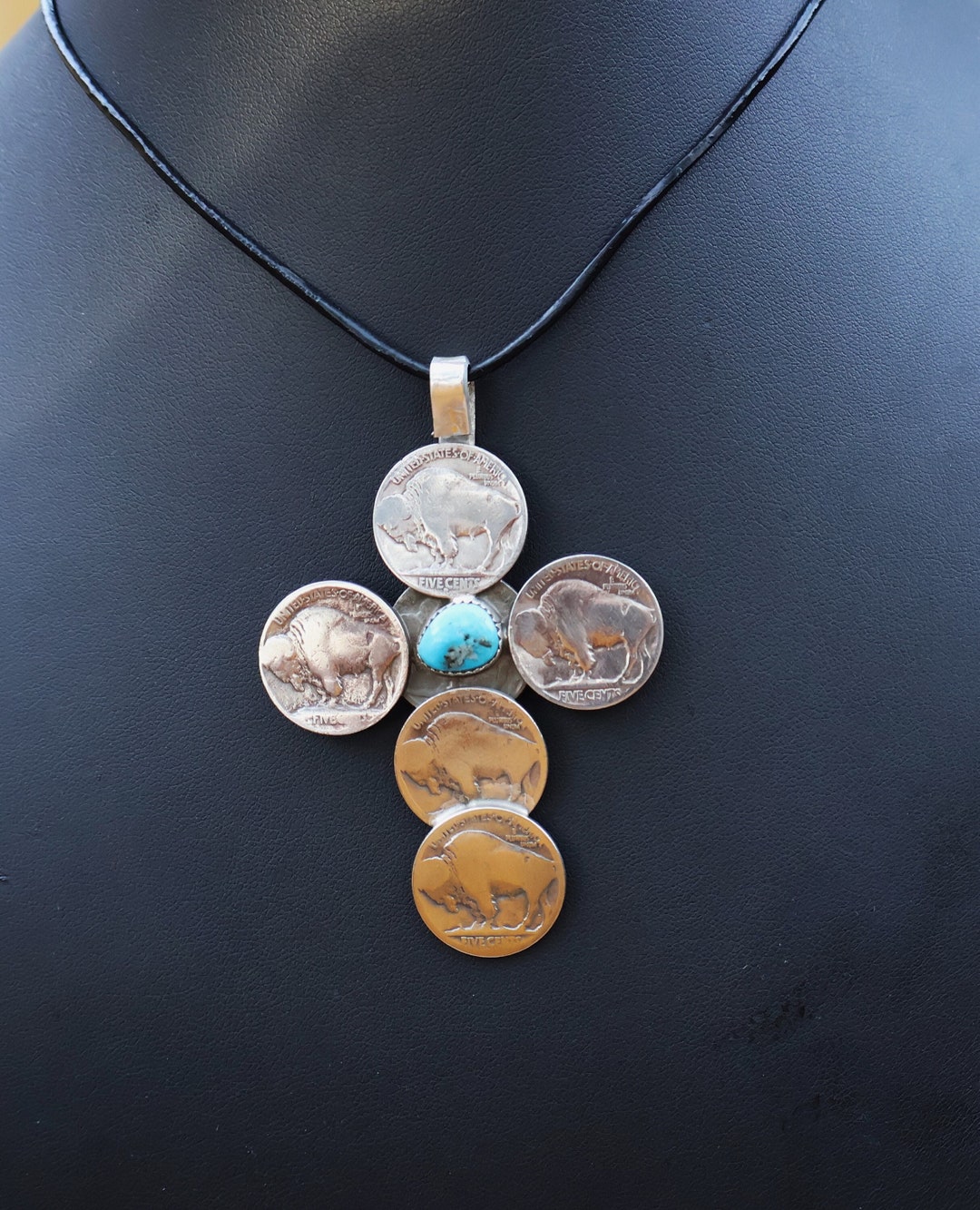 Unique Native American Indian Buffalo Nickels & Kingman Turquoise Cross ...
