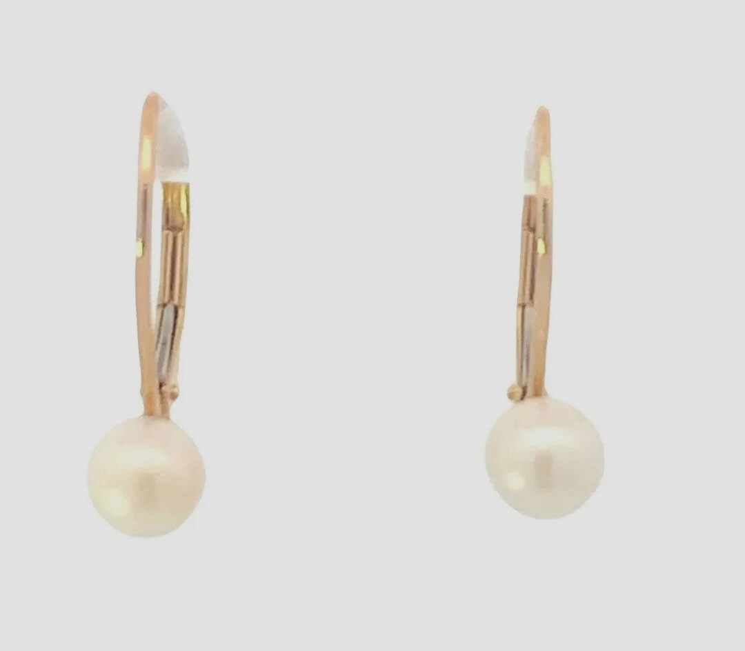 Elegant 14K Yellow Gold and PEARL Lever Back EARRINGS 5.3MM White ...