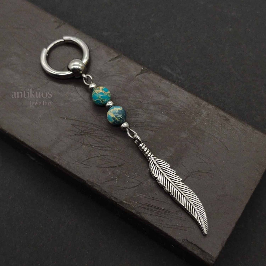 BLUE Feather Earring, JASPER Tribal Mono Earring, Single Earring or ...