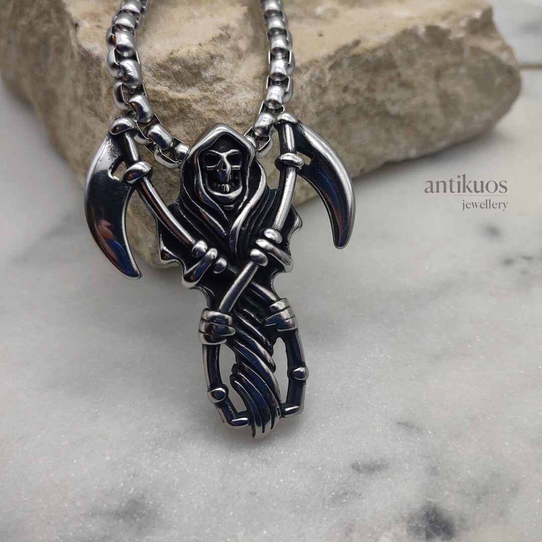 GRIM REAPER Necklace, Large Heavy Men's Charm Necklace, Biker Rocker ...