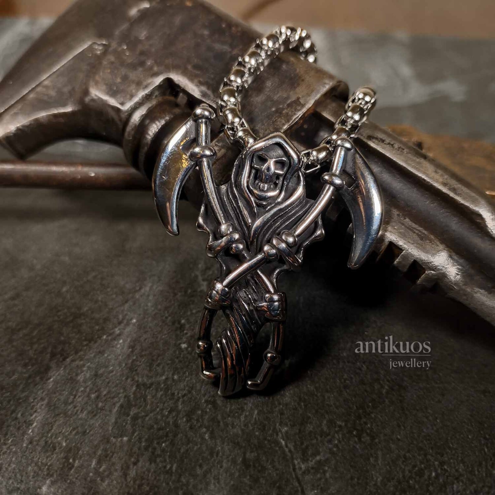 GRIM REAPER Necklace, Large Heavy Men's Charm Necklace, Biker Rocker ...