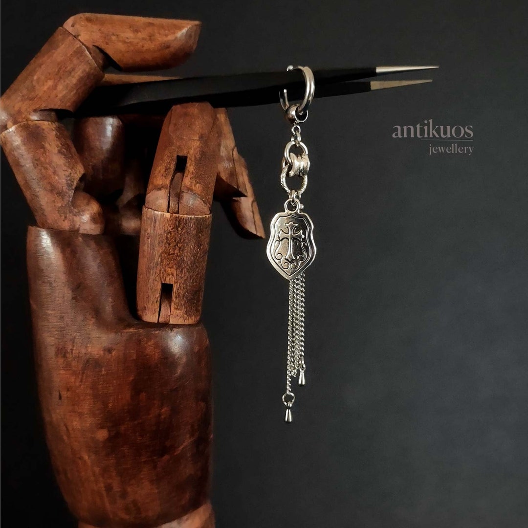 SHIELD AND CHAINS, Unique Medieval Mono Earring, Unisex Dangle Earring ...