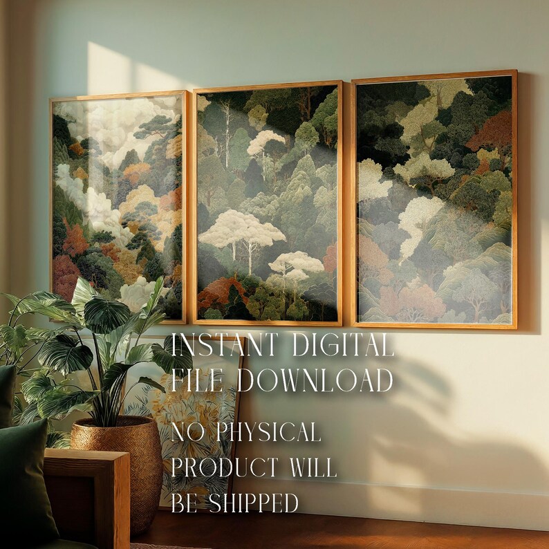 Japanese Forest Wall Art Set of 3 Sage Green Fall Decor Printable ...
