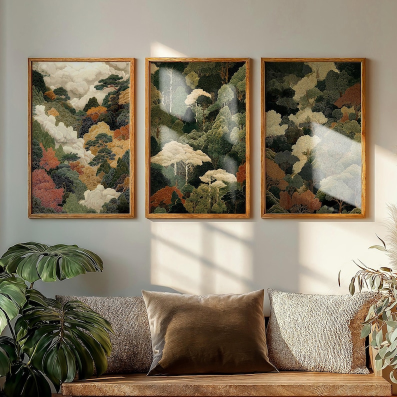 Japanese Forest Wall Art Set of 3 Sage Green Fall Decor Printable ...