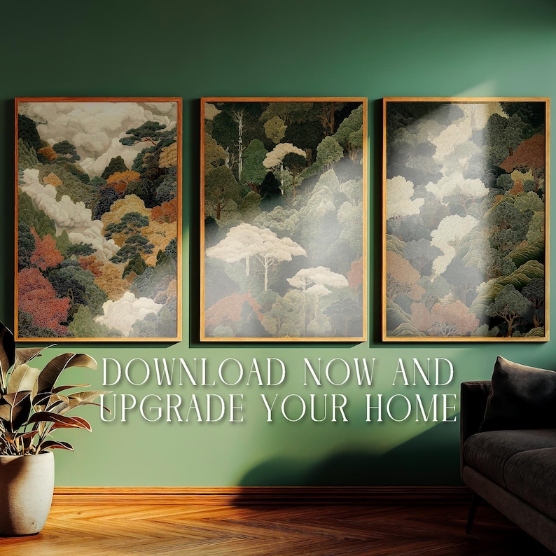 Japanese Forest Wall Art Set of 3 Sage Green Fall Decor Printable ...