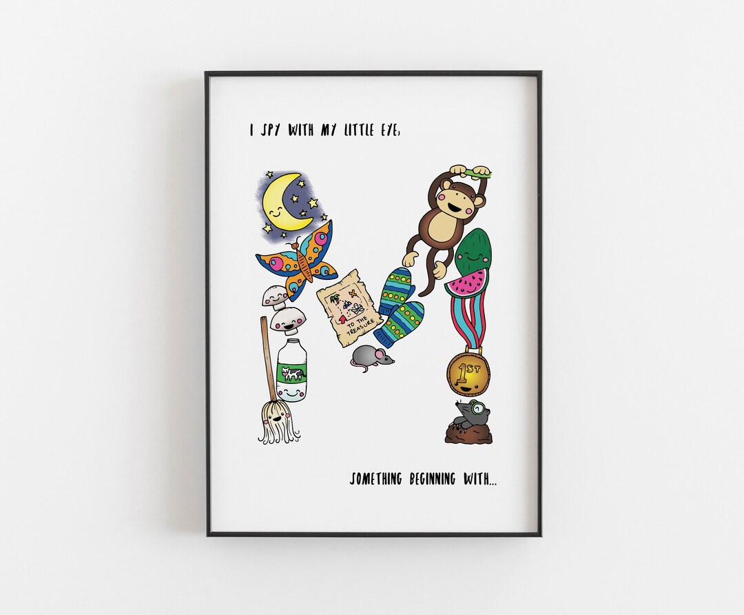 M I Spy Letter Print, A4, A3, A2 Hand Illustrated, Initial, Kids Print ...