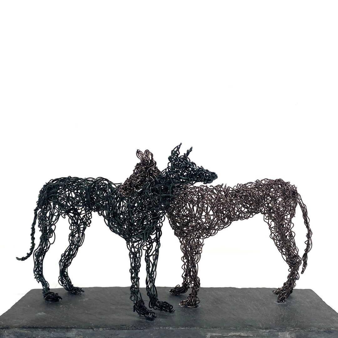Long Dogs Wire Dogs Standing Together Sculpture on Slate Plinth ...