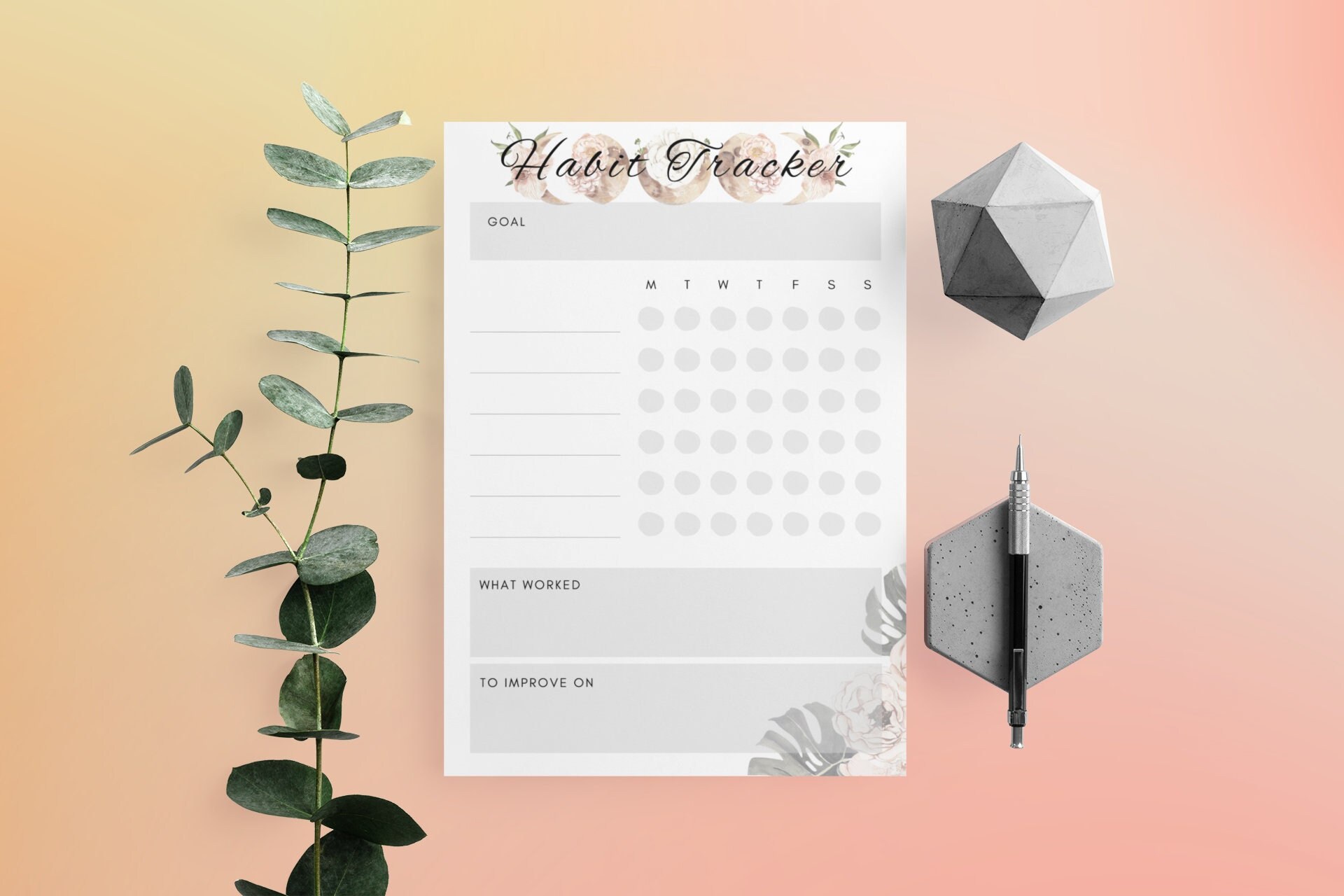 Boho Floral Celestial Moon Habit Tracker Digital Download PDF Printable ...