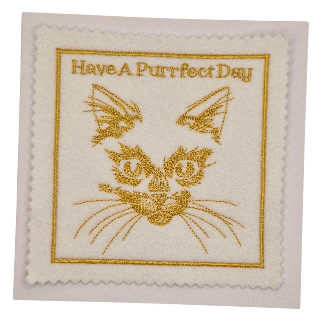 Embroidered Cat Face Card - Etsy