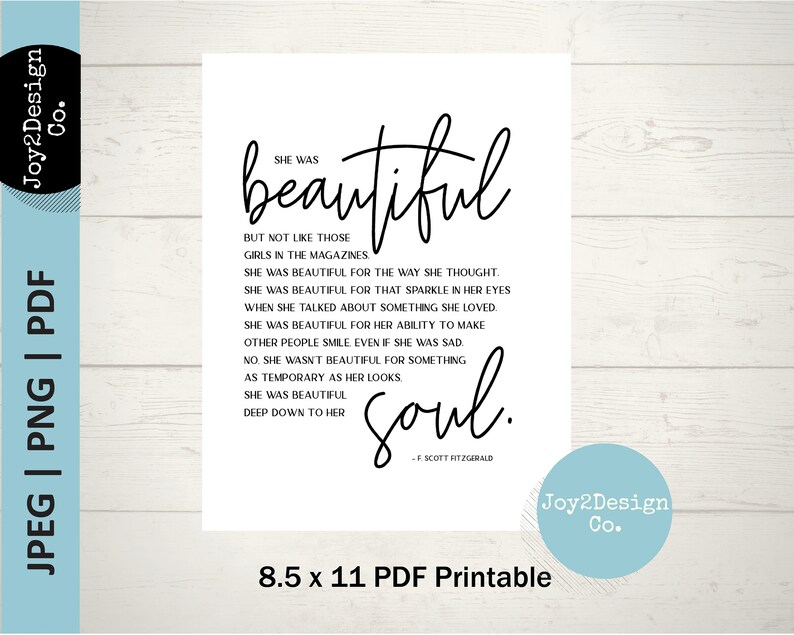 She Was Beautiful Printable | PDF | JPEG | PNG | Girl Quote | F. Scott ...