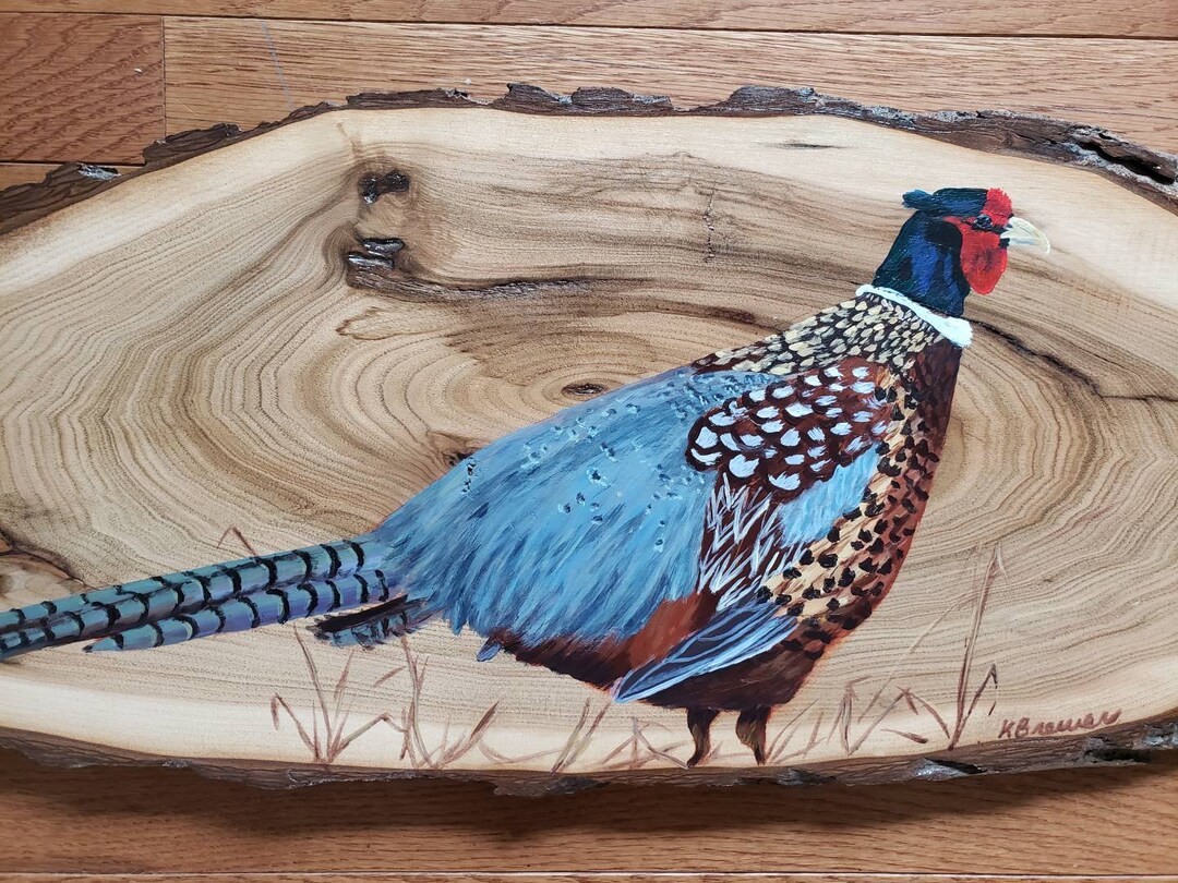 Original Pheasant Painting on Live Edge Wood | Rustic Home Decor ...