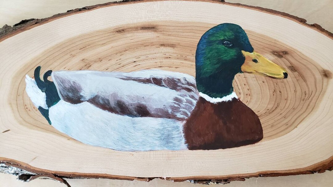 Mallard Duck Painting on Live Edge Cherry Wood | Rustic Home Decor - Etsy