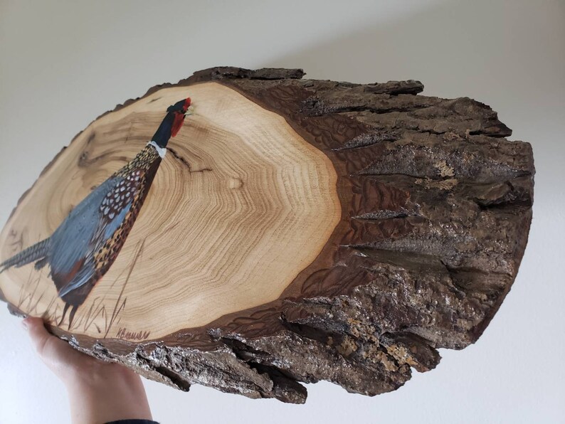 Original Pheasant Painting on Live Edge Wood | Rustic Home Decor ...