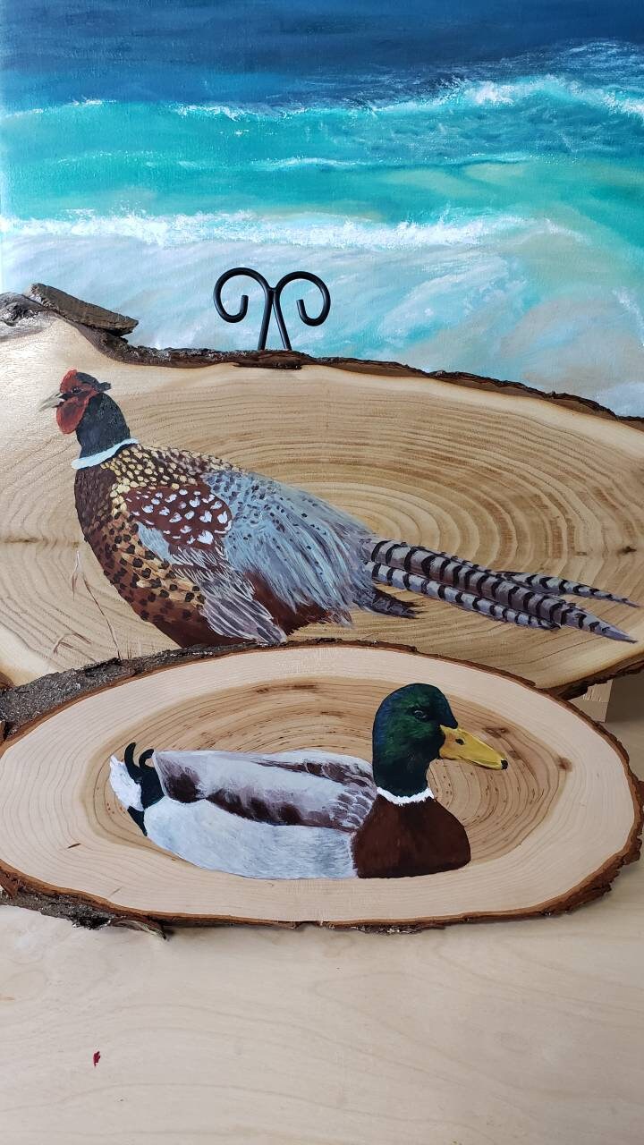 Mallard Duck Painting on Live Edge Cherry Wood | Rustic Home Decor - Etsy