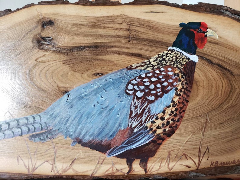Original Pheasant Painting on Live Edge Wood | Rustic Home Decor ...